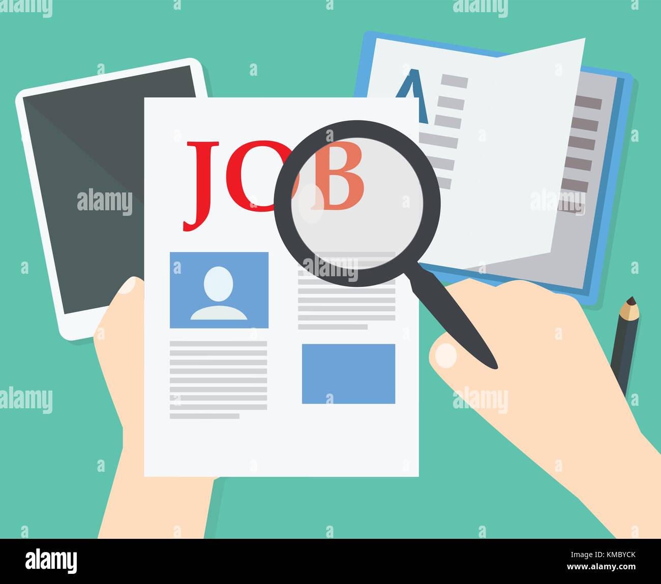 Hands hold magnifier to find job in newspapers with book,pencil and ...