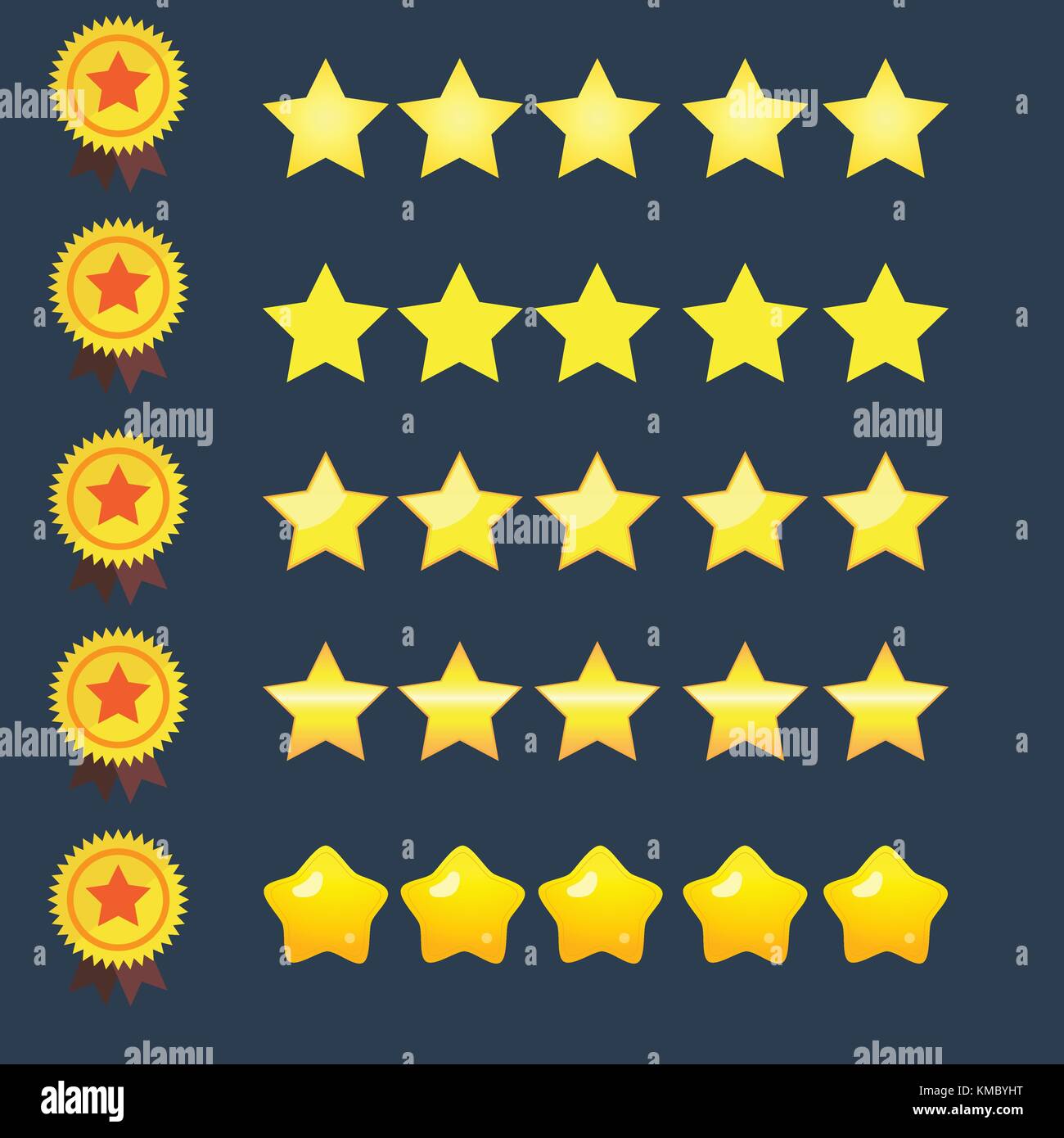 5 stars rating icons set and copper ribbon medal of star vector illustration.Isolated quality ...