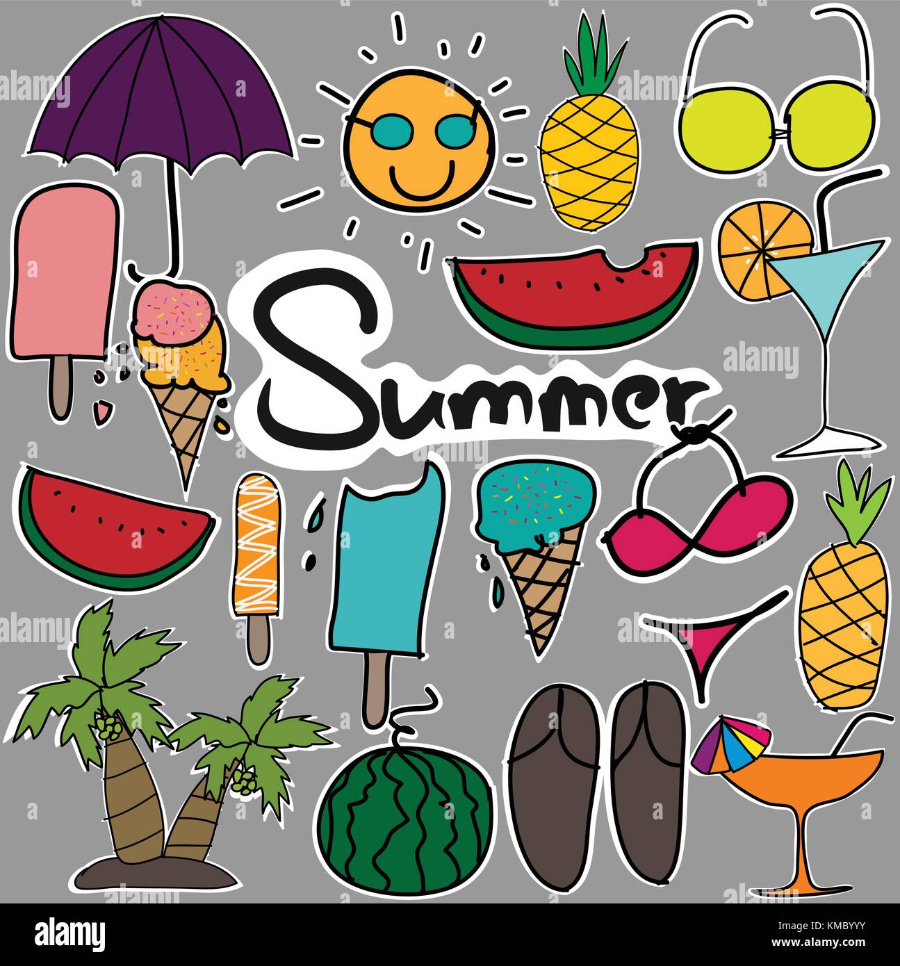 Set Of Cute Stickers Hand Drawn Summer Stock Vector Image & Art - Alamy