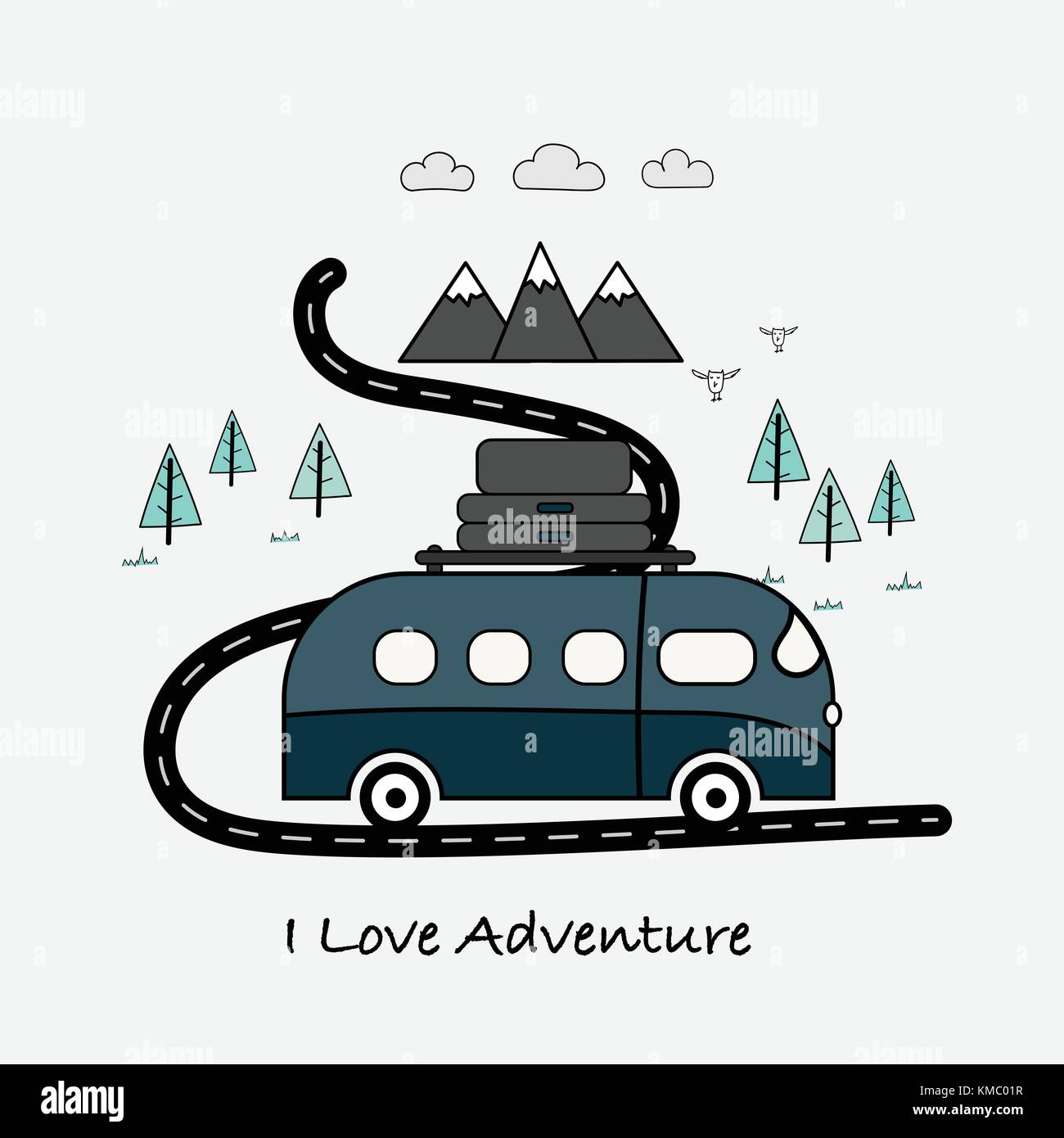 I Love Adventure typography with van, mountains and forest tree Stock ...