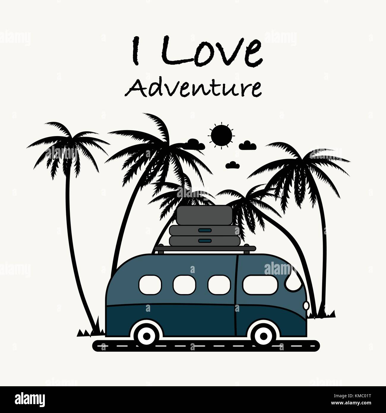 I Love Adventure typography with van and coconut palm tree Stock Vector ...
