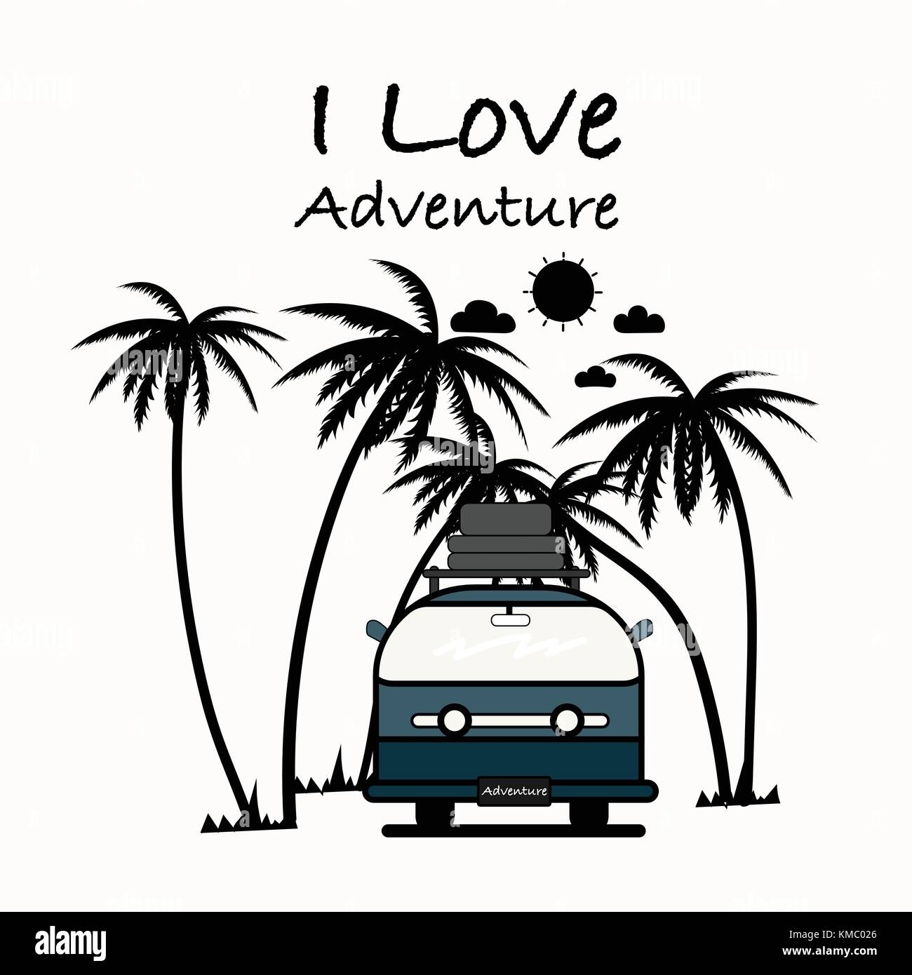 I Love Adventure typography with van and coconut palm tree Stock Vector ...
