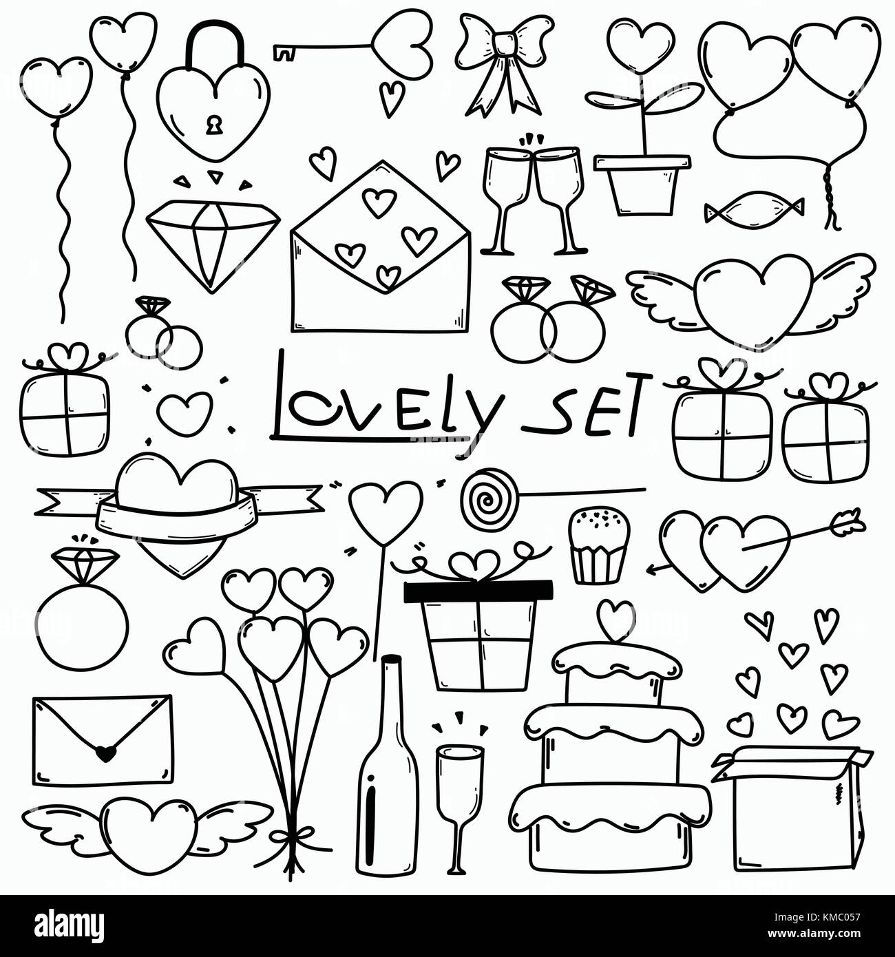 Collection Of Hand Drawn Lovely Set. Doodle Love Vector Set ...