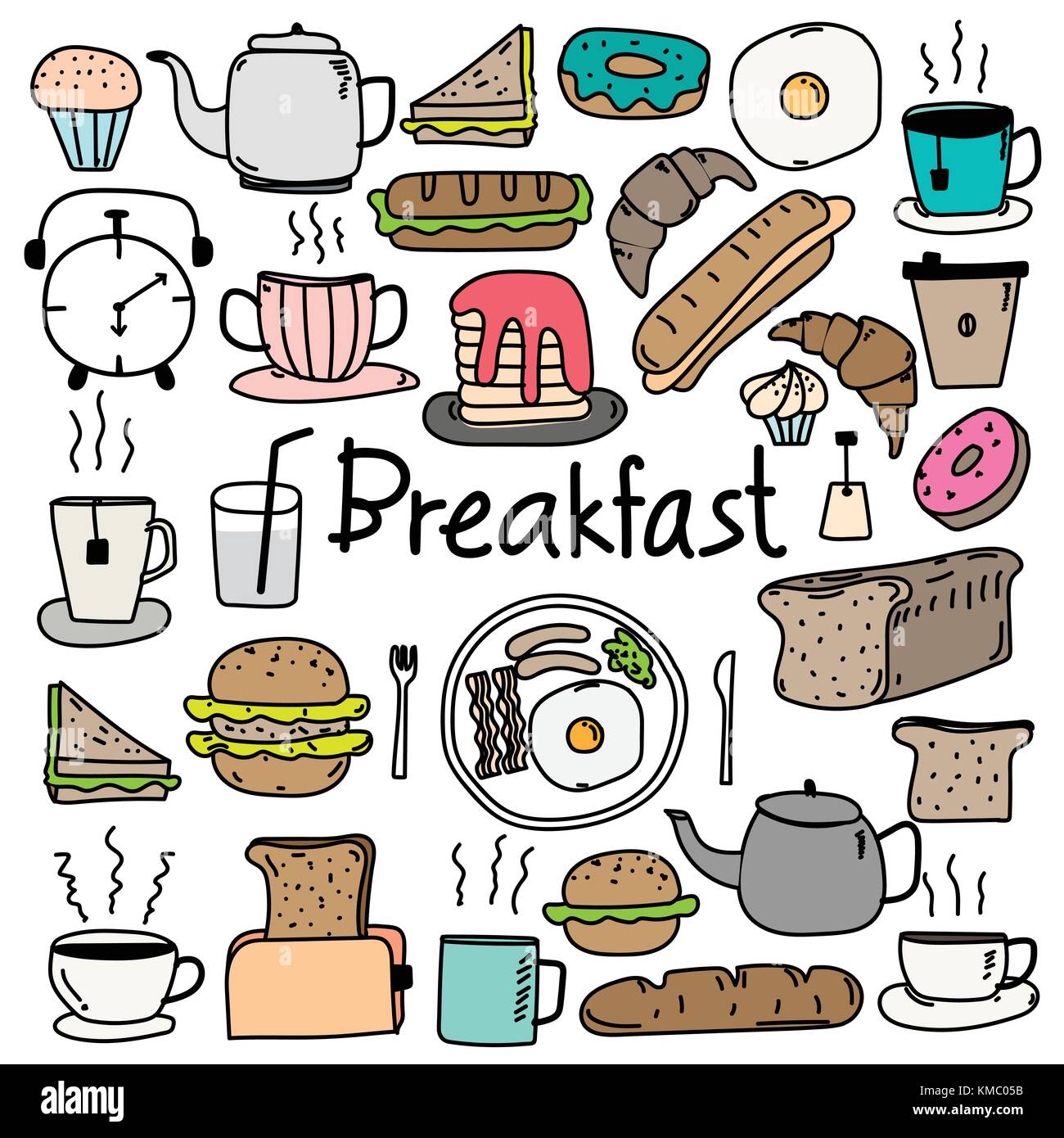 Hand Drawn Doodle Vector Breakfast Set. Vector Illustration Stock ...