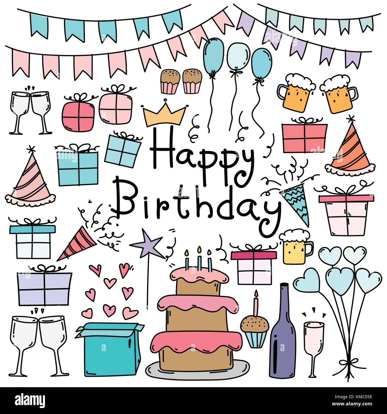 Hand Drawn Doodle Vector Happy Birthday Set Stock Vector Image & Art ...