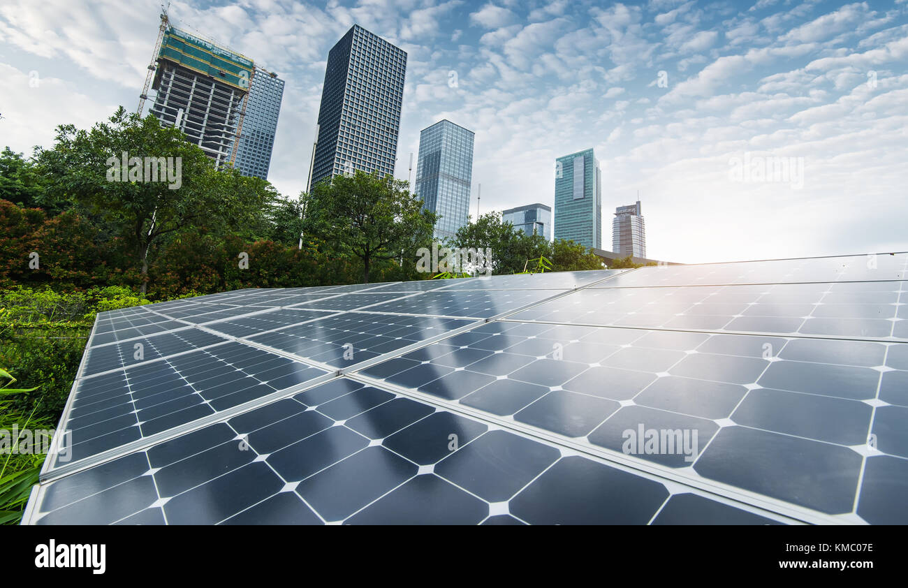 Solar Panels In The Park Of Modern City Stock Photo - Alamy