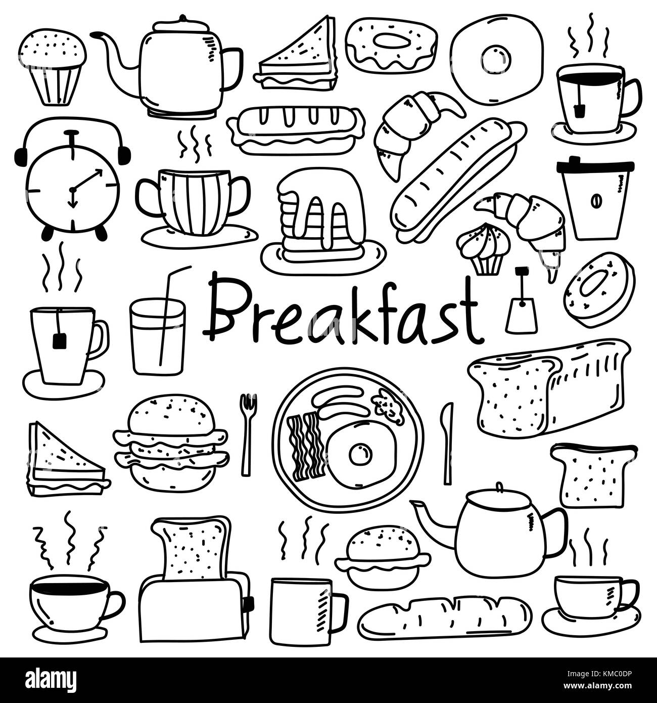 Hand Drawn Doodle Vector Breakfast Set. Vector Illustration Stock ...