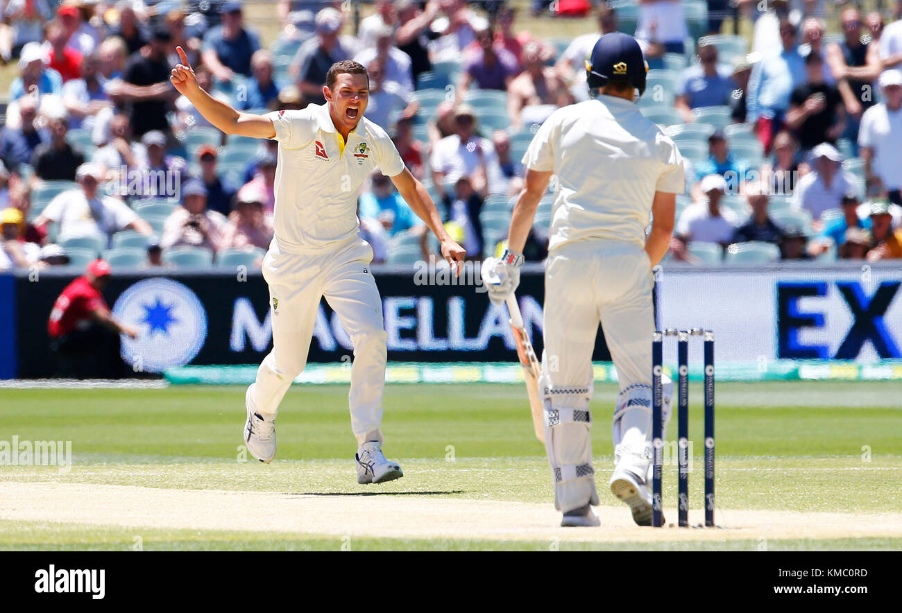 Australia's Josh Hazelwood celebrates the wicket of Chris Woakes during ...