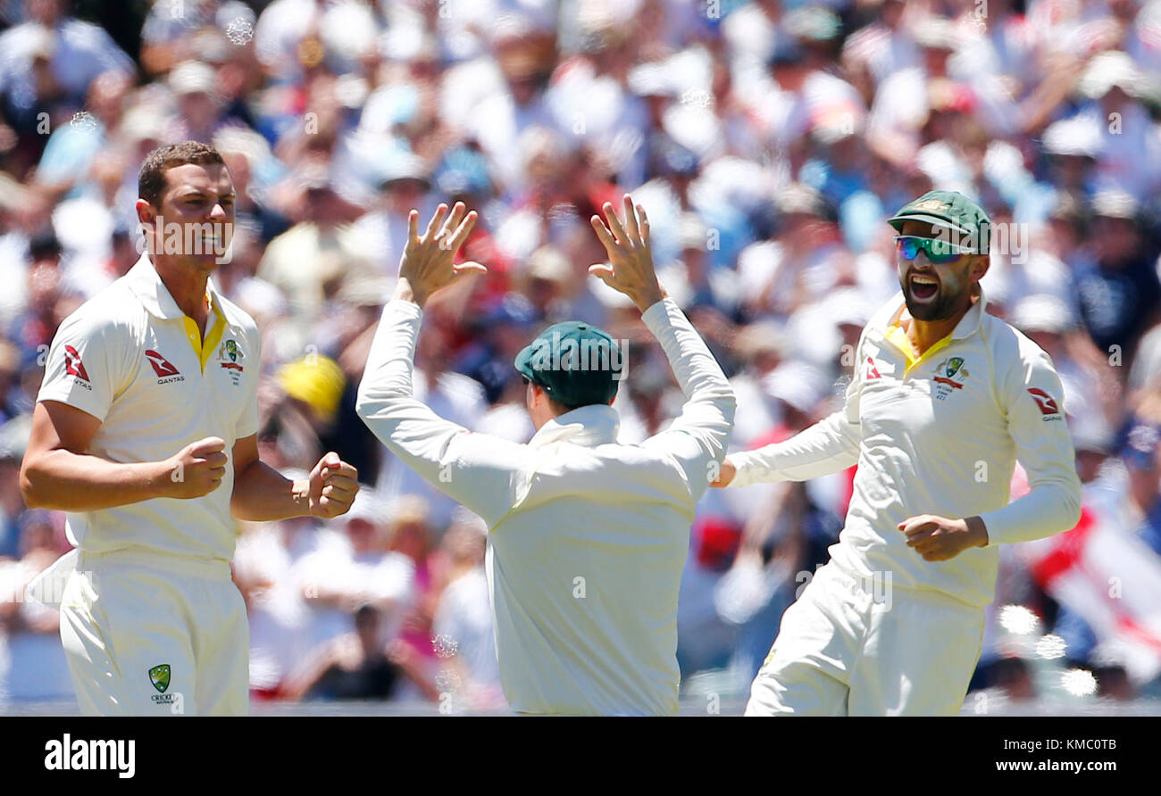 Australia's Josh Hazelwood celebrates the wicket of Chris Woakes during ...