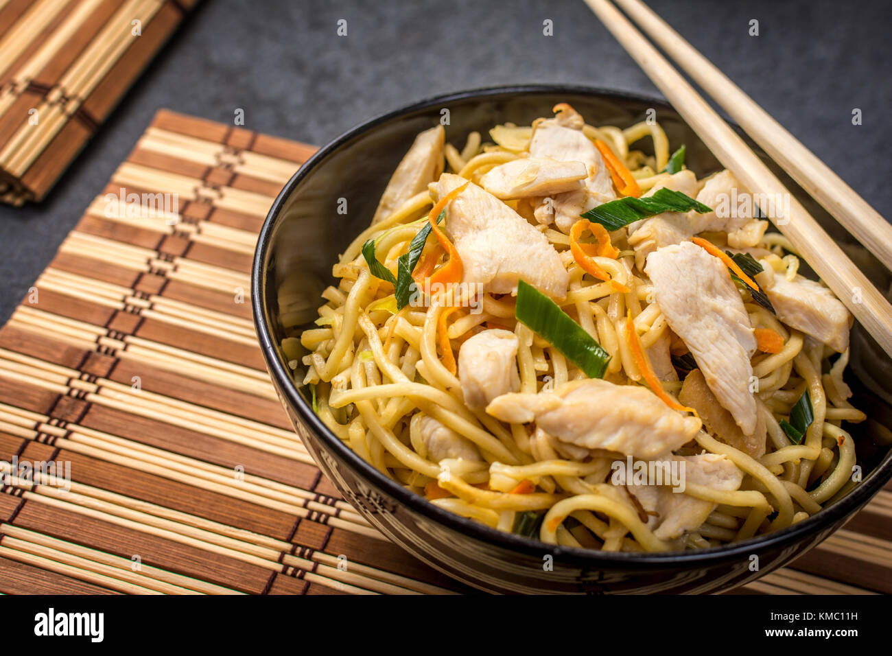 Traditional asian or chinese noodles with chicken and vegetablesin ...