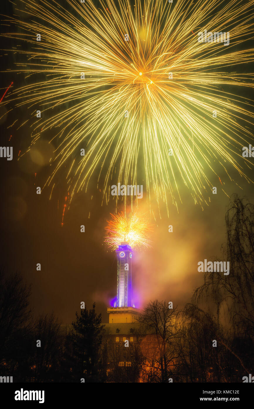 Night fireworks in czech city Ostrava near town hall Stock Photo - Alamy