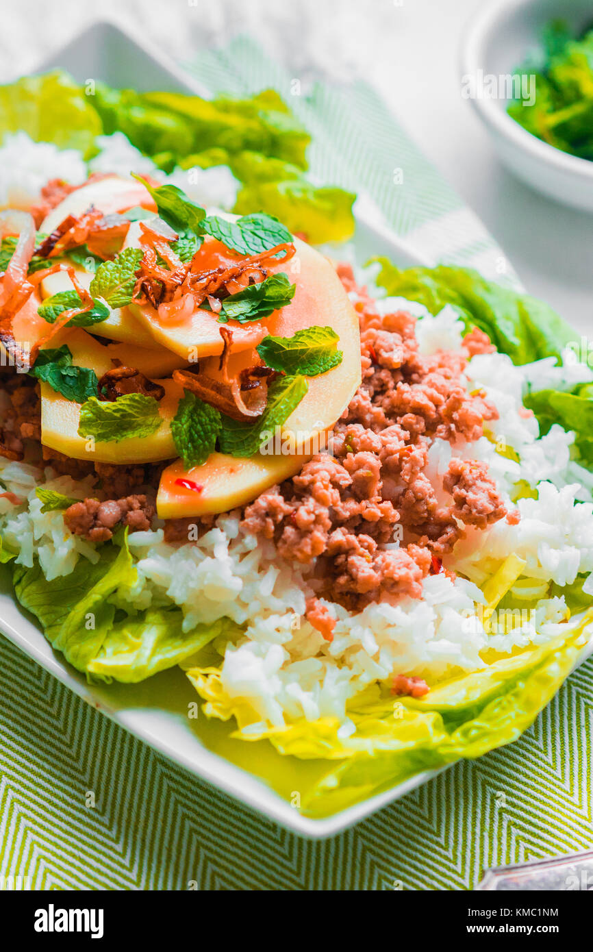 Meat with rice and papaya Stock Photo - Alamy