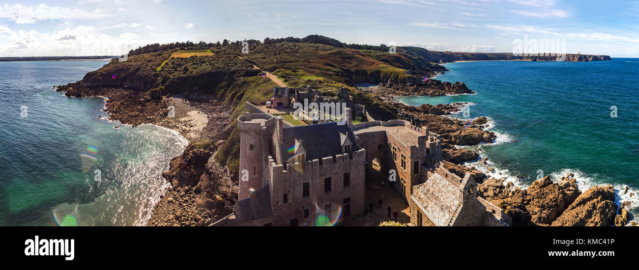 Old medieval french castle panoramic aerial view, coastline in Brittany ...