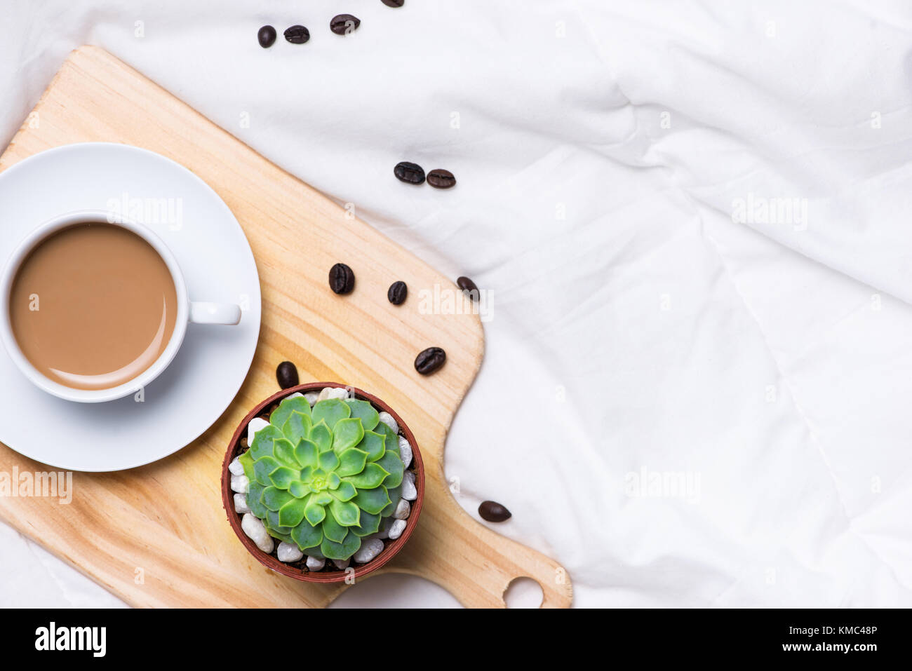 Morning coffee on bed top view, woman creative business concept Stock ...