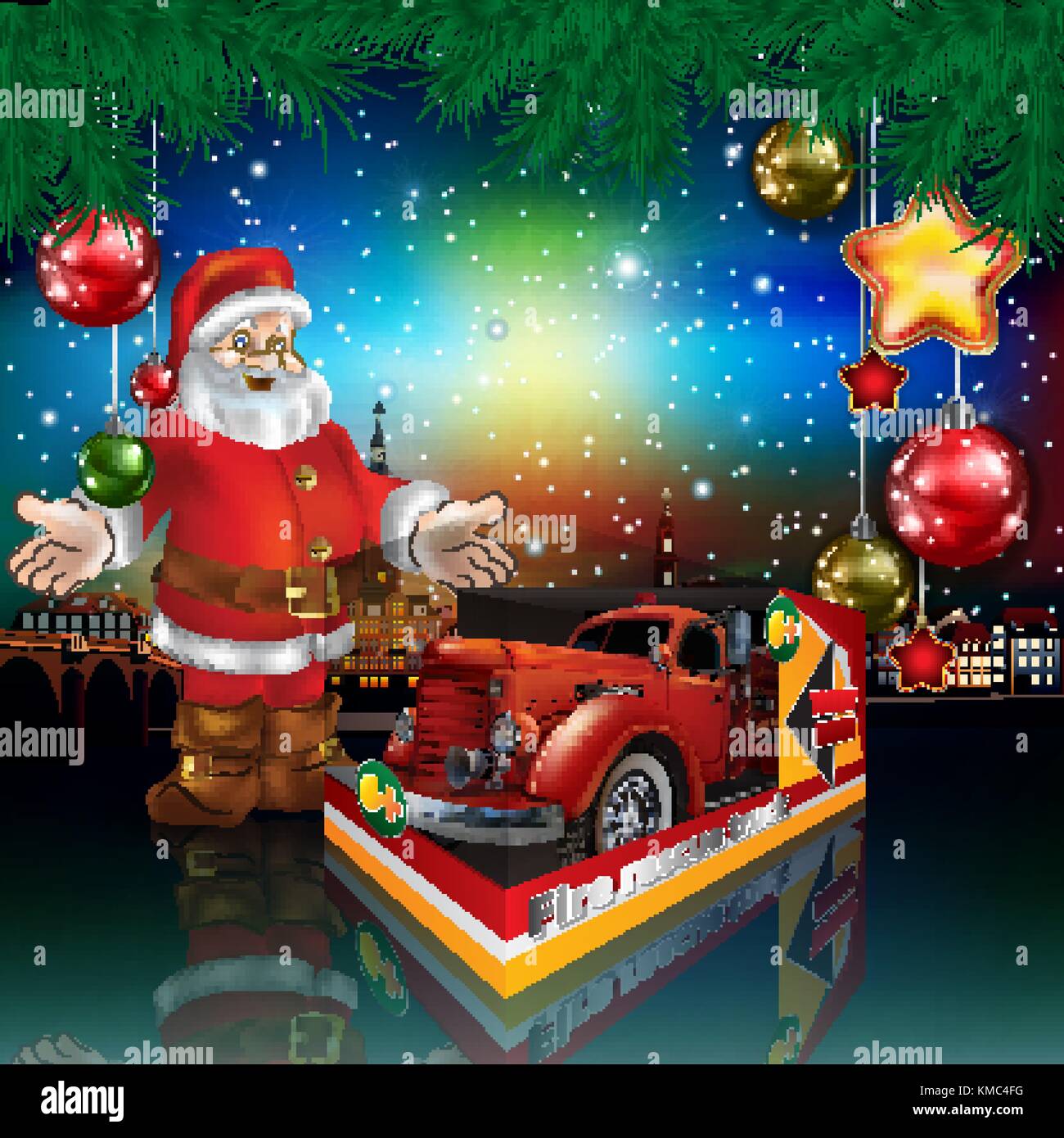 Christmas greeting with Santa Claus and fire truck Stock Vector Image ...
