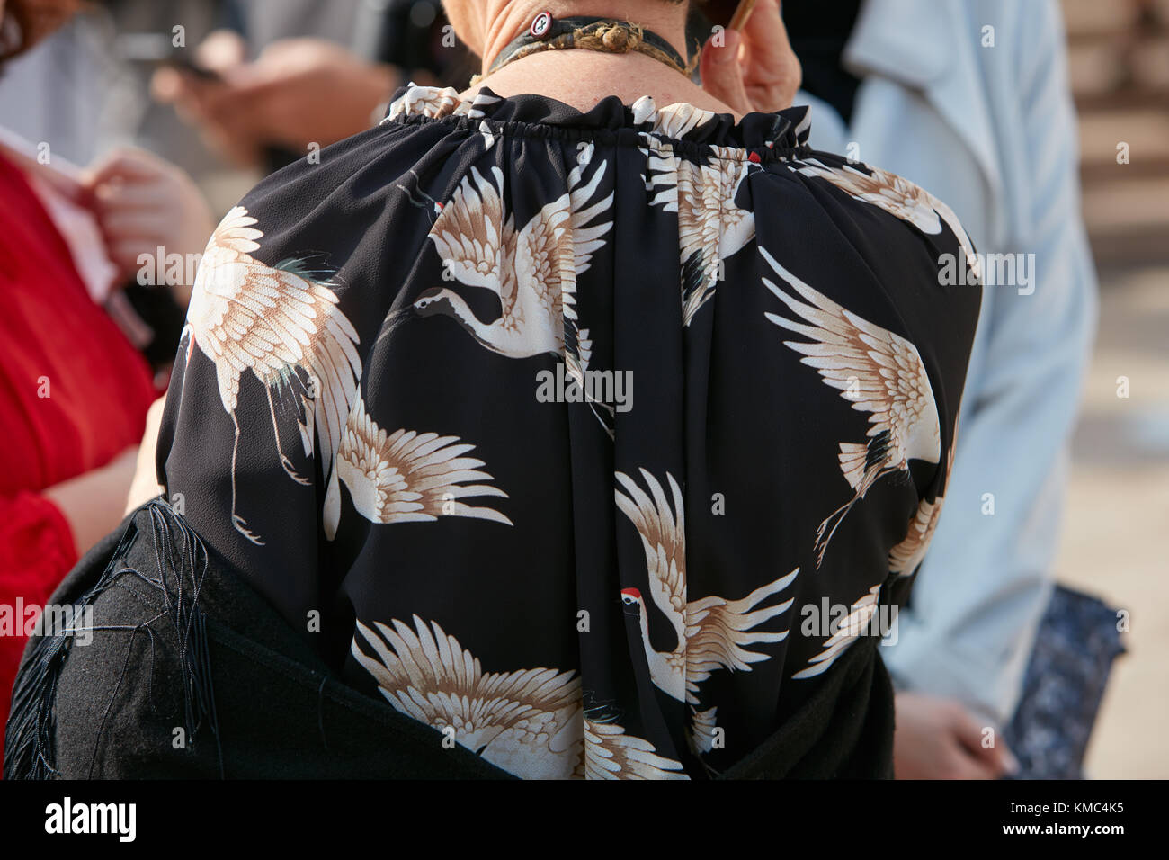 MILAN - SEPTEMBER 23: Woman with black dress with crane birds before ...