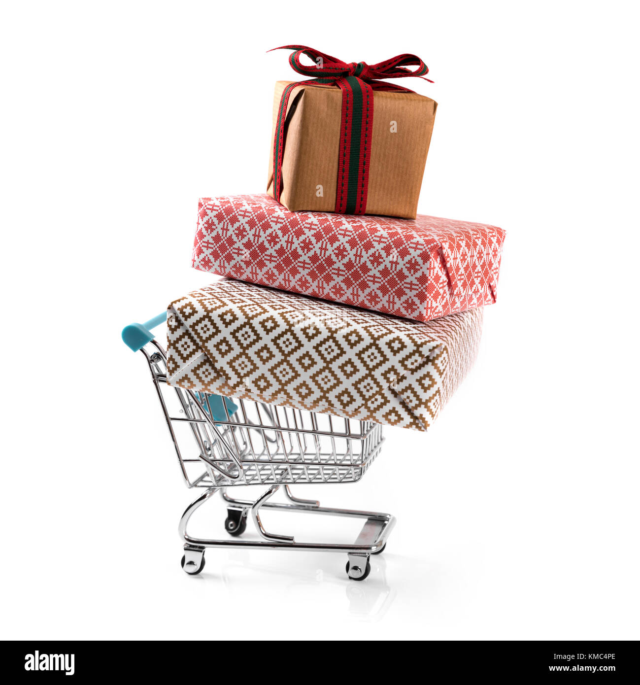 shopping cart with stack of gifts isolated on white background Stock ...