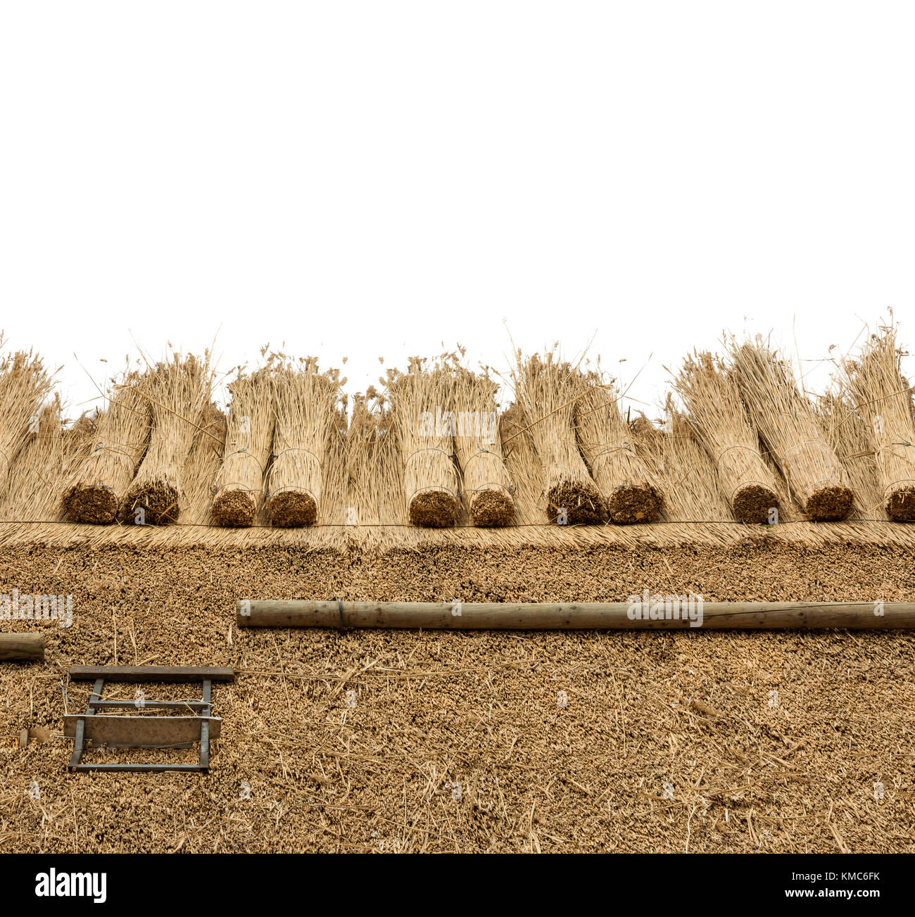 Thatched roof of a house, border of straw. Isolated on a white ...