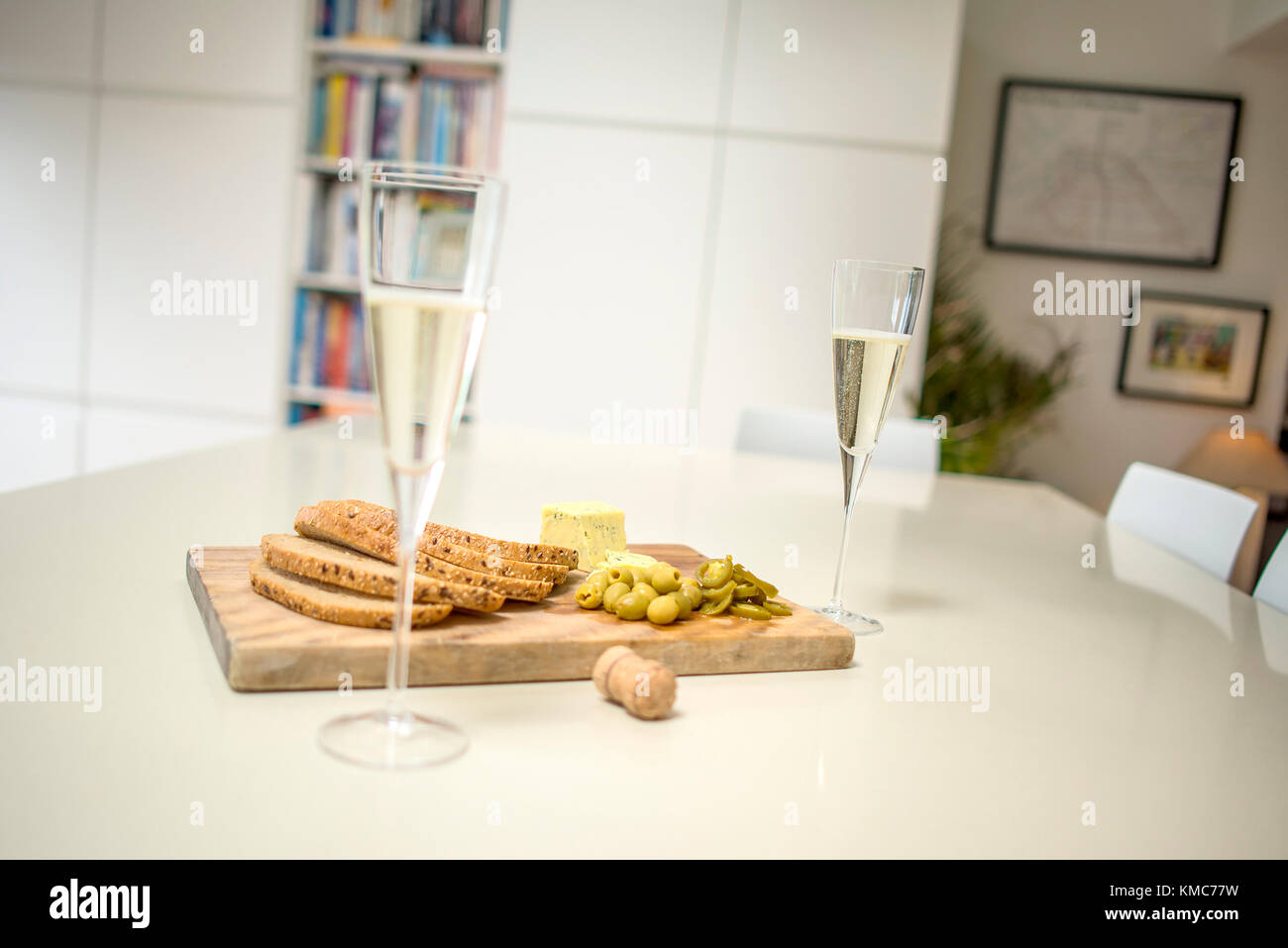 Champagne Flutes and Food on Kitchen Counter Stock Photo - Alamy