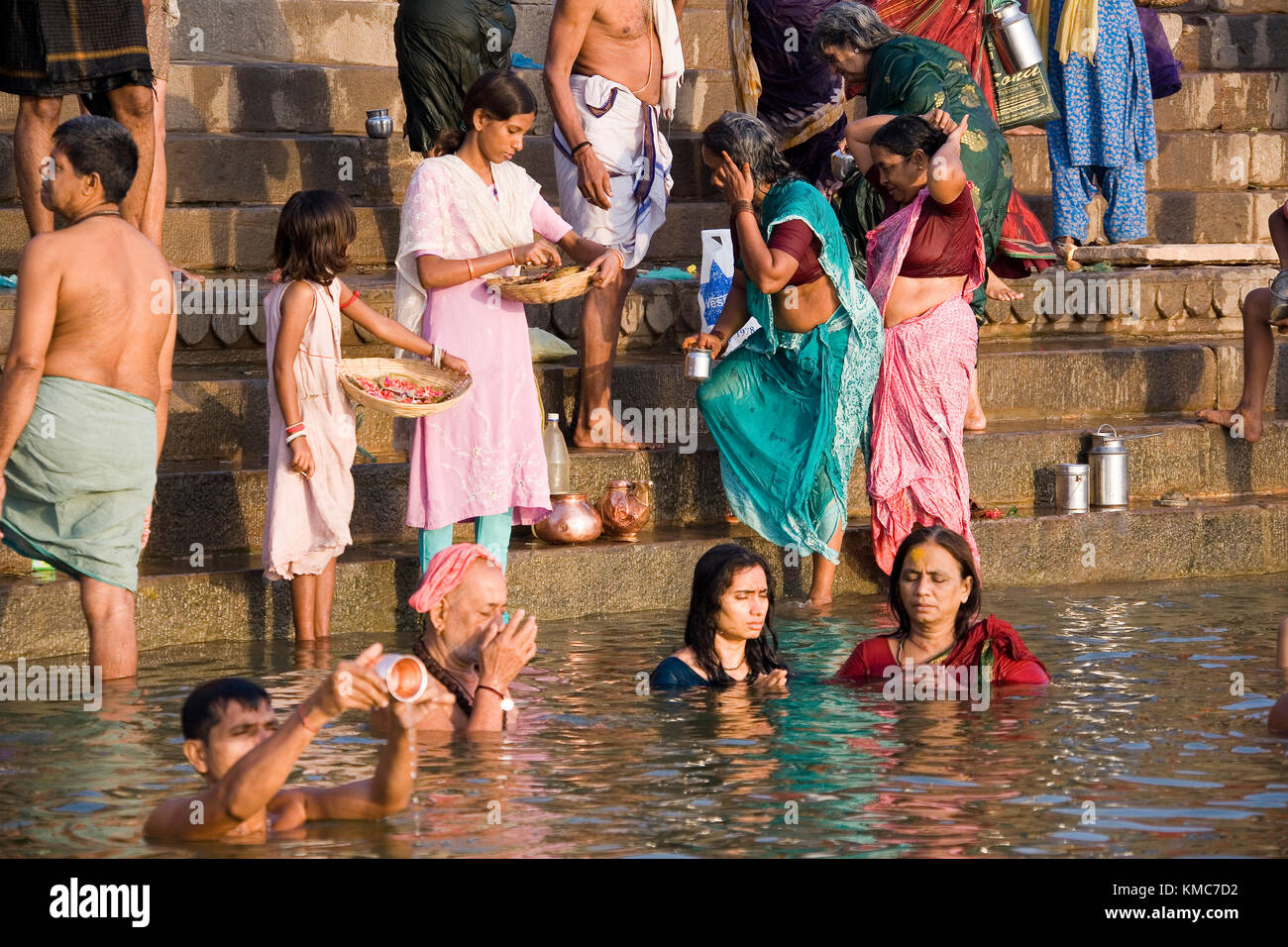 The Hindu Ghats on the banks of the Holy River Ganges at Varanasi in ...
