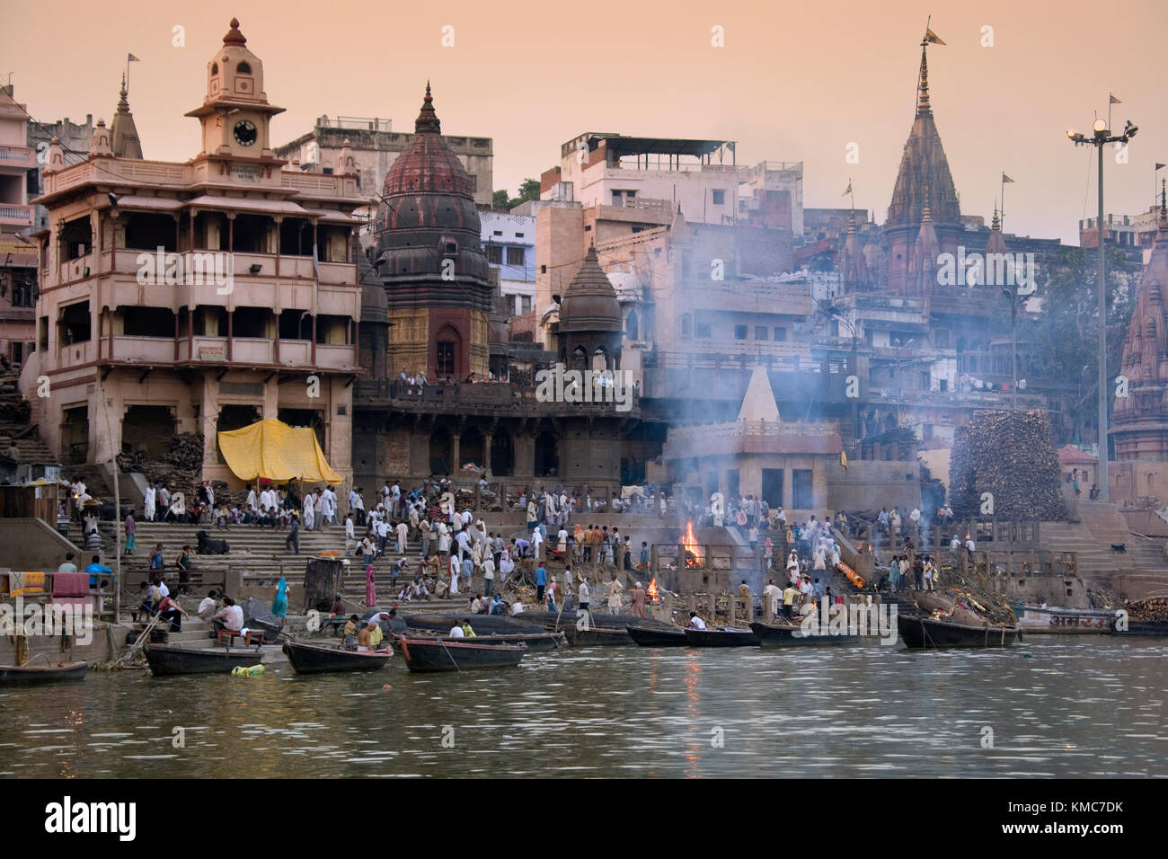 The Hindu Cremation Ghats on the banks of the Holy River Ganges at ...
