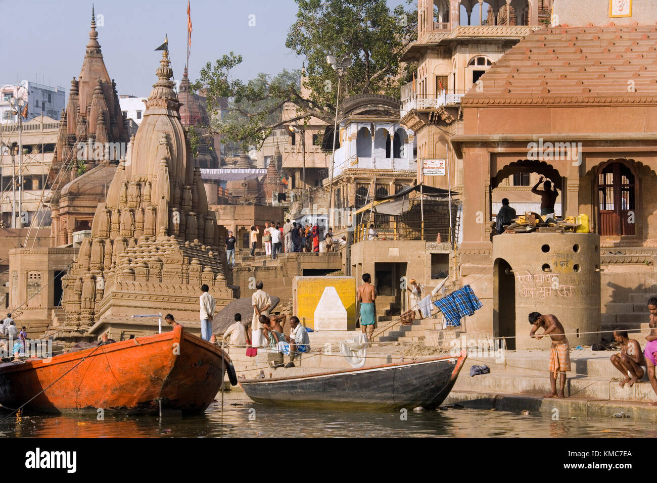 The Hindu Ghats on the banks of the Holy River Ganges at Varanasi in ...