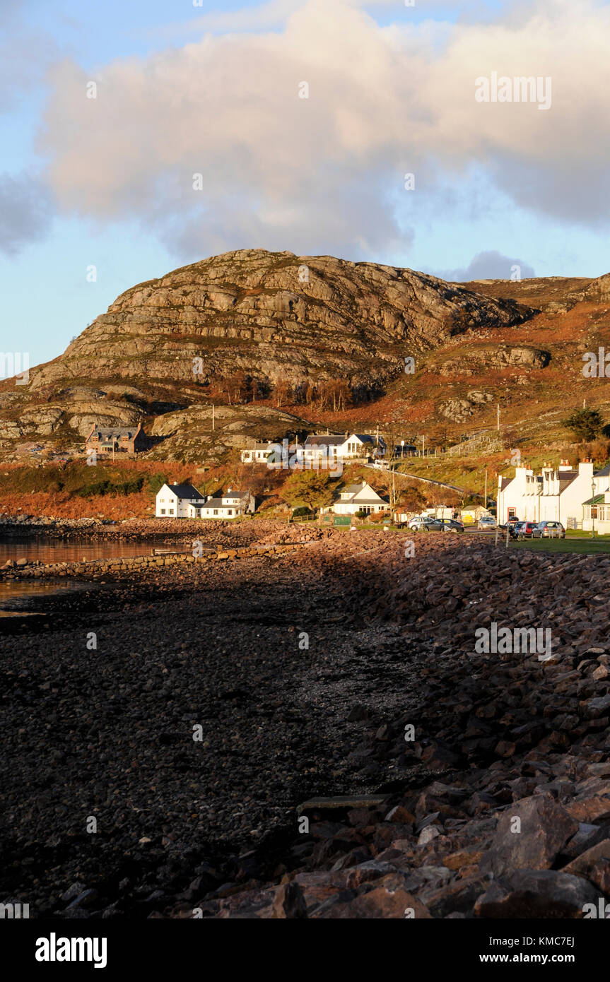 Shieldaig village on the shore of Upper Loch Shielding and the snow ...