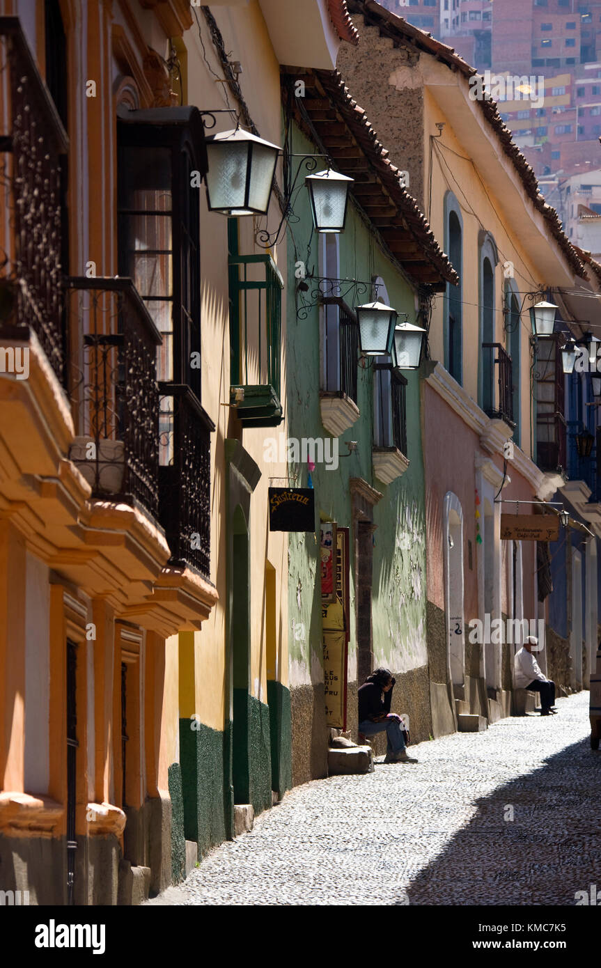 The old cobbled street of Calle Jaen in the colonial area of La Paz in ...