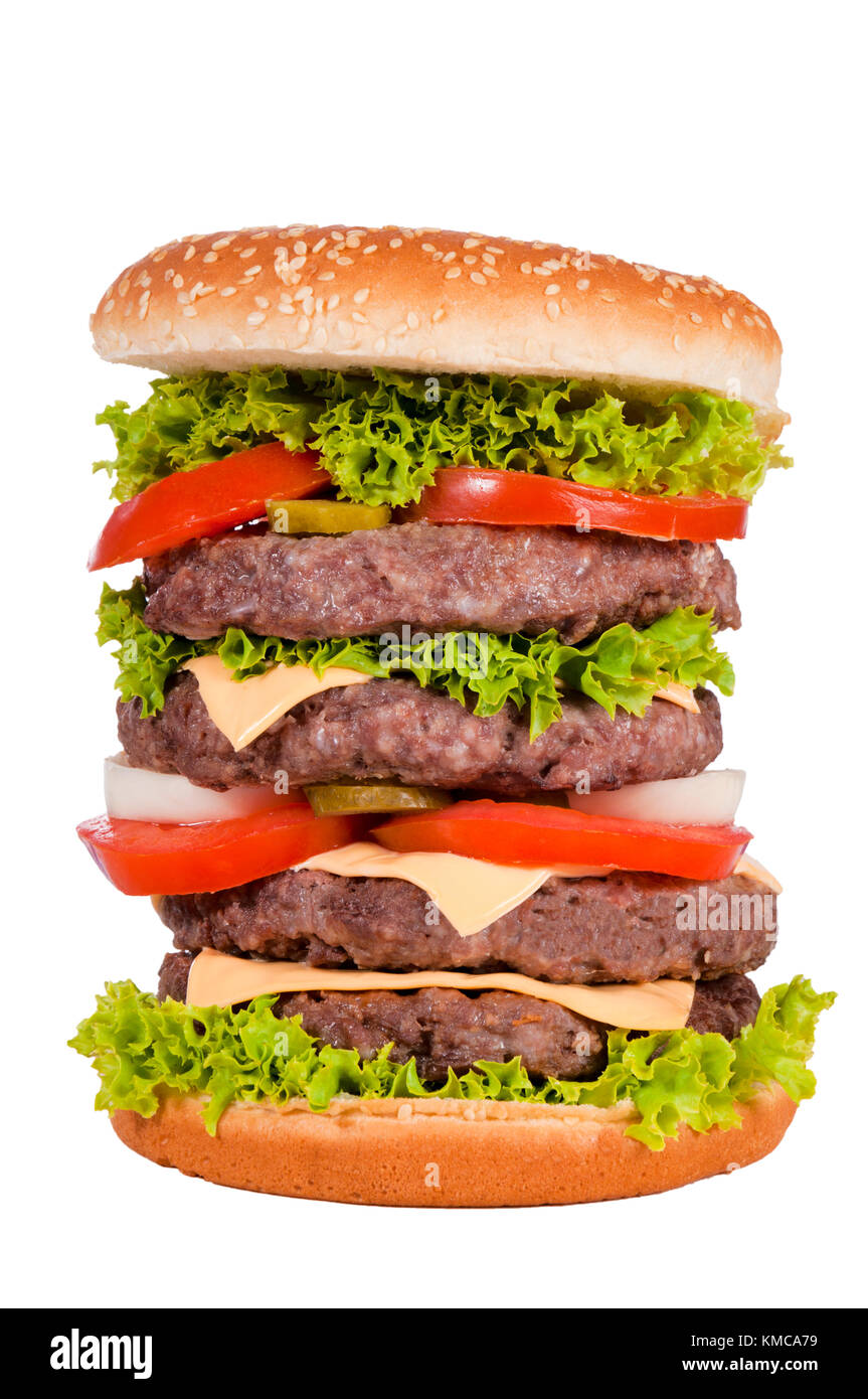 Four beef burgers in sesame buns isolated on white Stock Photo - Alamy