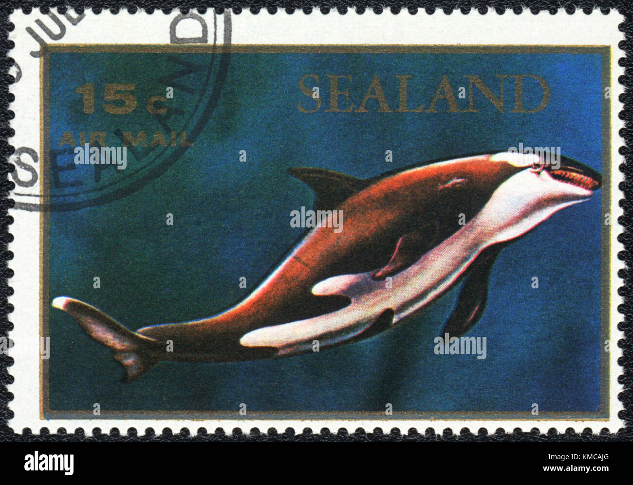 A stamp printed in PRINCIPALITY OF SEALAND shows a Orcinus orca, series ...