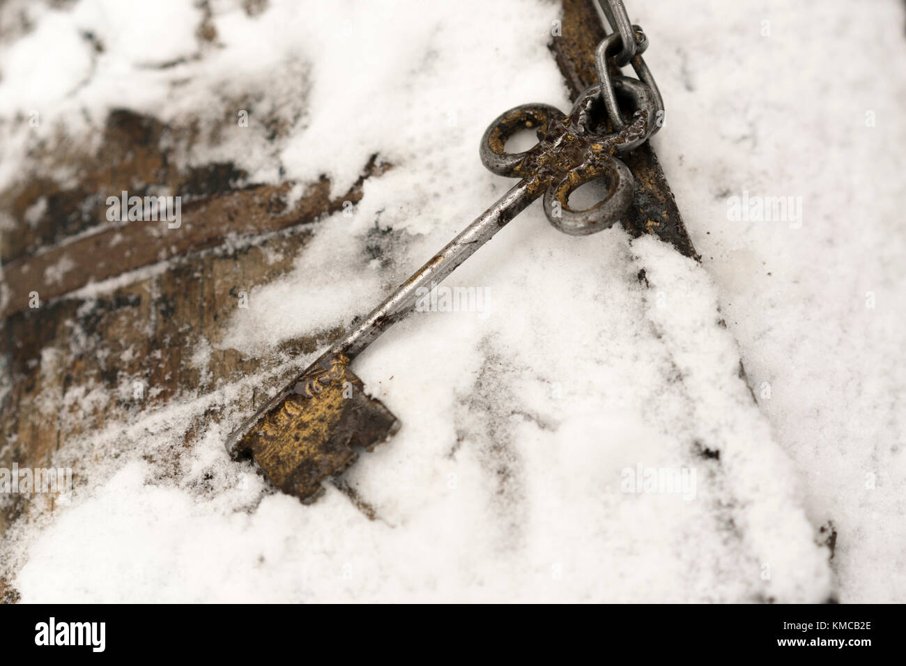 Large iron key in the snow Stock Photo - Alamy