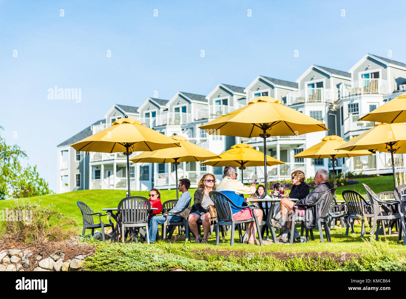 Bar Harbor, USA - June 8, 2017: Oceanfront resort inn with waterfront ...