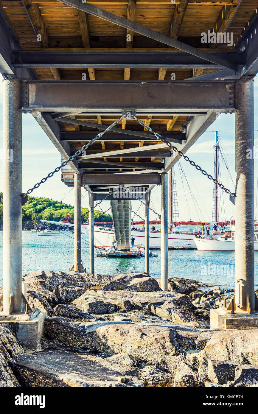 Bar Harbor, USA - June 8, 2017: Underneath, under view of pier bridge ...