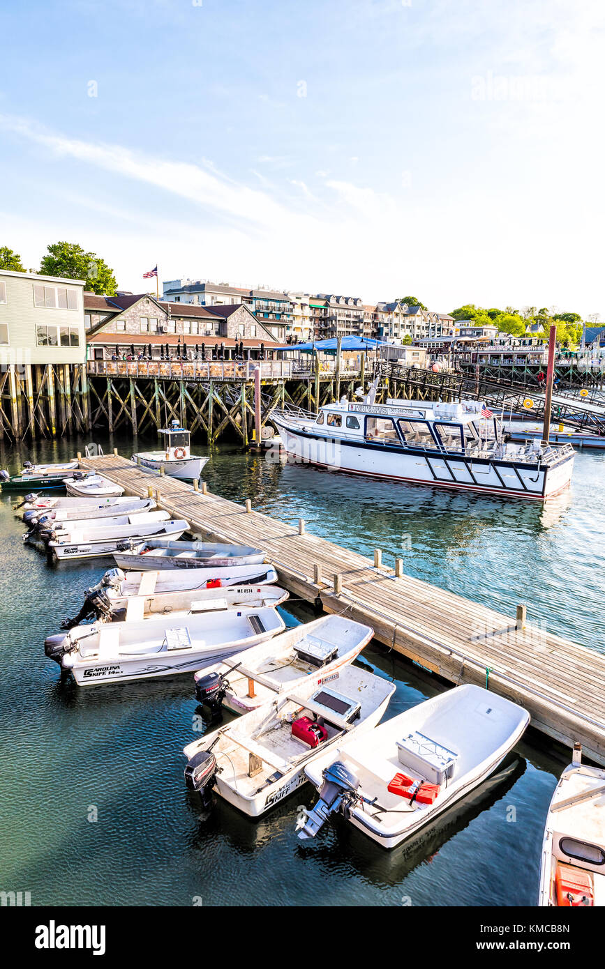 Bar Harbor, USA - June 8, 2017: View of dock and many empty boats in ...
