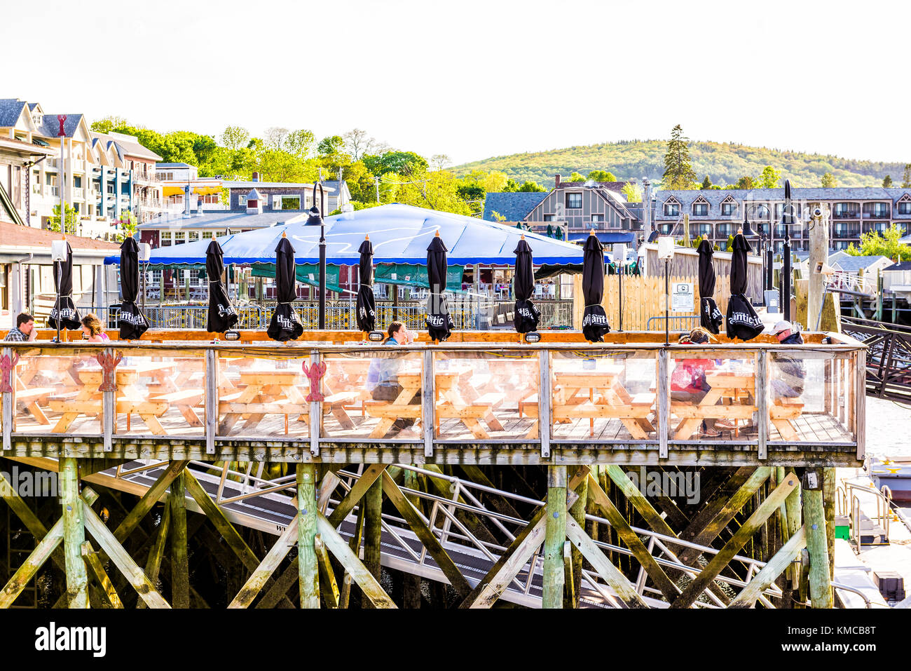 Bar Harbor, USA - June 8, 2017: Wooden deck dock, marina and waterfront ...
