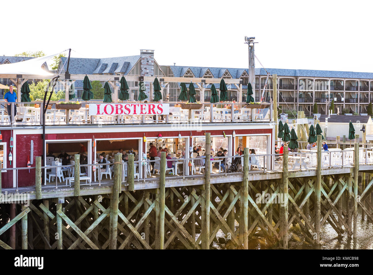 Bar Harbor, USA - June 8, 2017: Wooden deck dock, marina and waterfront ...