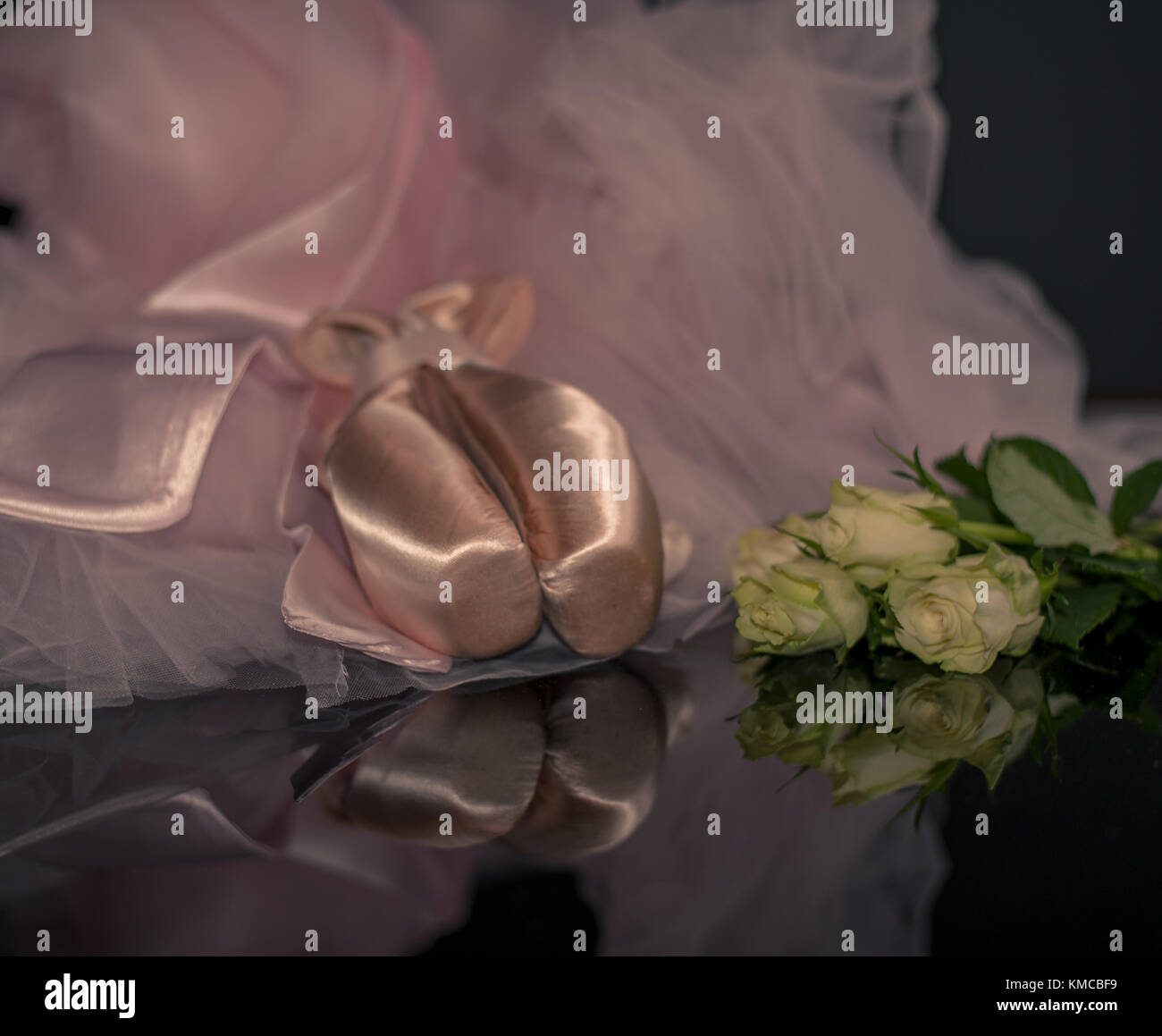 Satin ballet shoes, pink tutu and rose flowers on black reflective ...