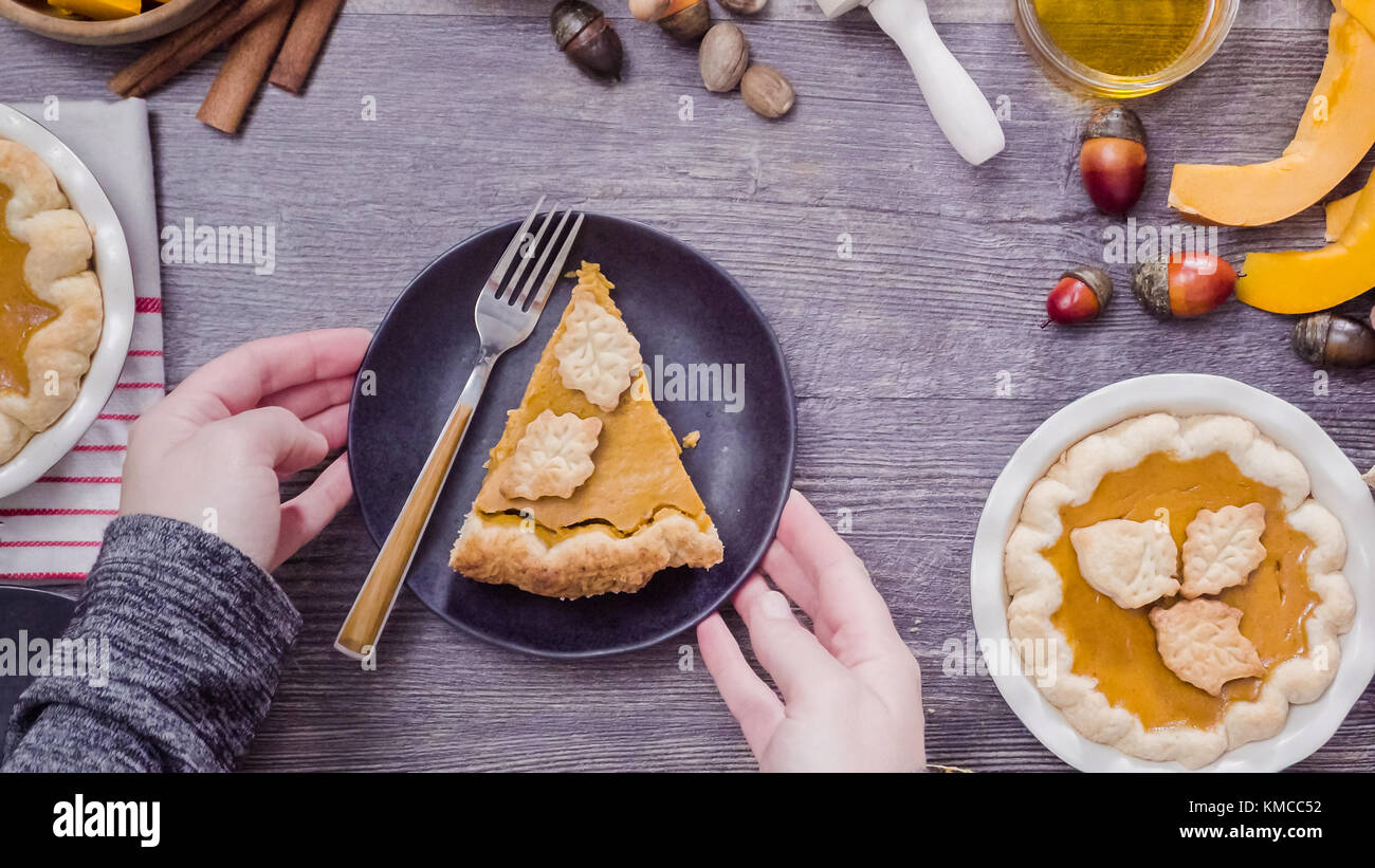 Step by step. Eating slice of freshly baked pumpkin pie Stock Photo - Alamy
