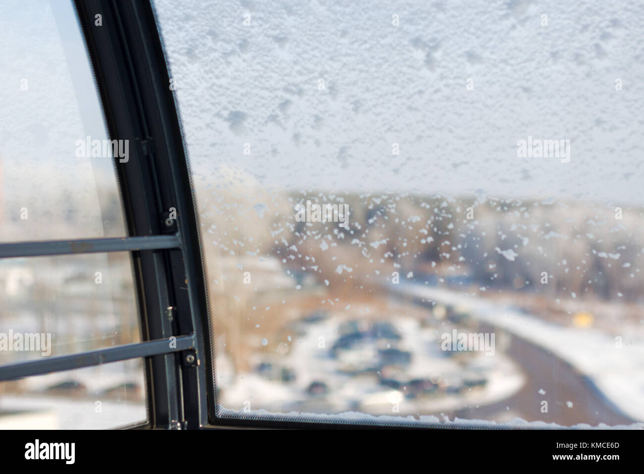 Part of frame frozen winter window with landscape Stock Photo - Alamy