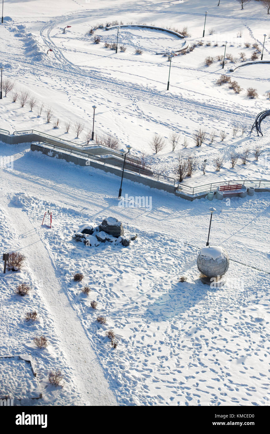 path and footprints in the snow. Winter view from above, top view Stock ...