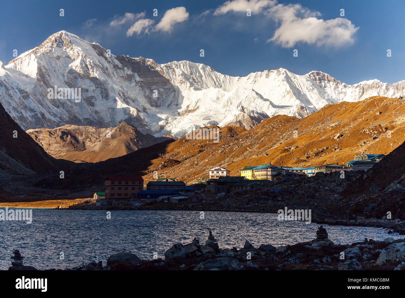 View to Gokyo, lake Dudh Pokhari, peak Gokyo Ri, mount Cho Oyu ...
