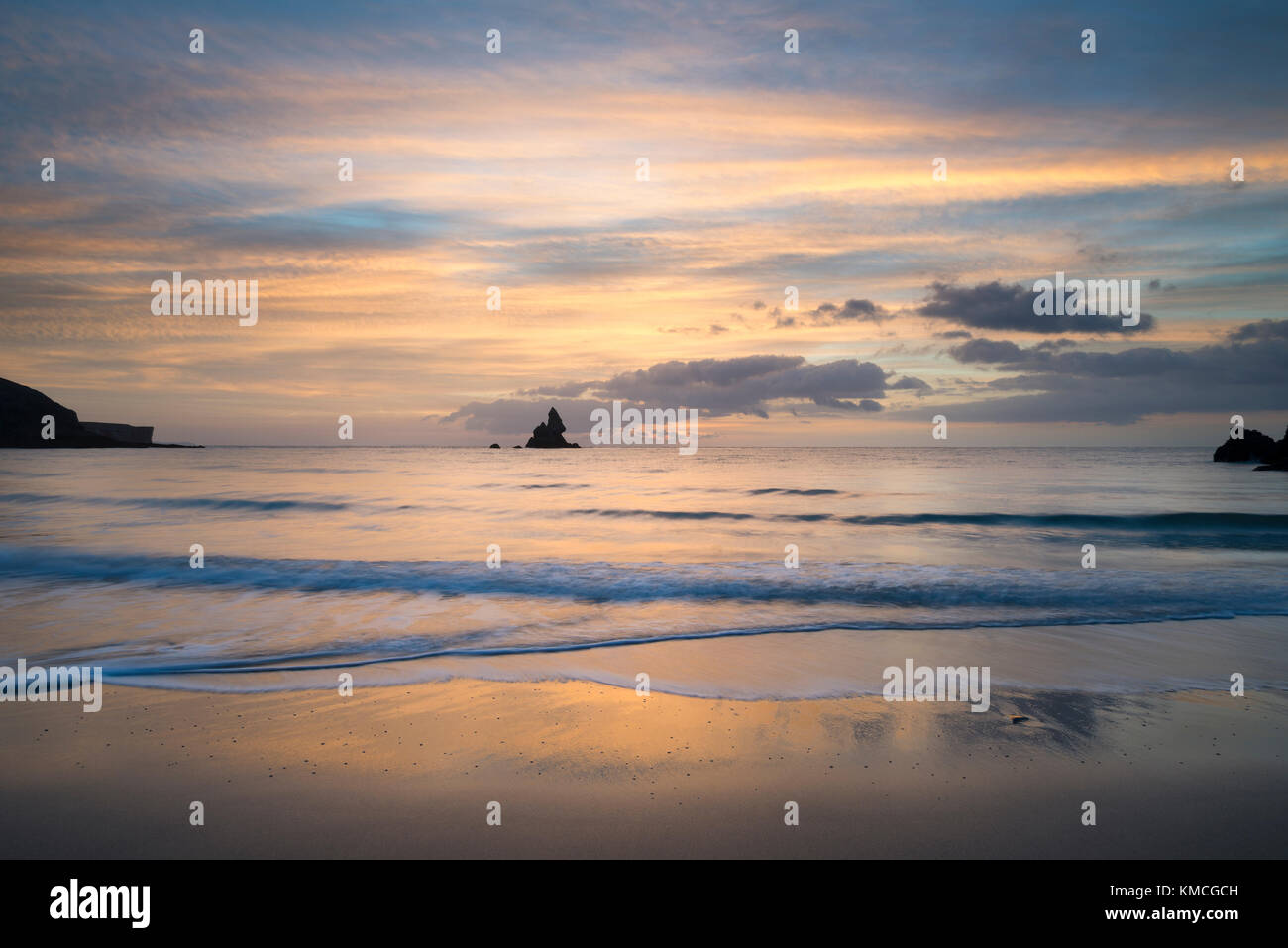 Stunning sunrise landsdcape of idyllic Broadhaven Bay beach on ...