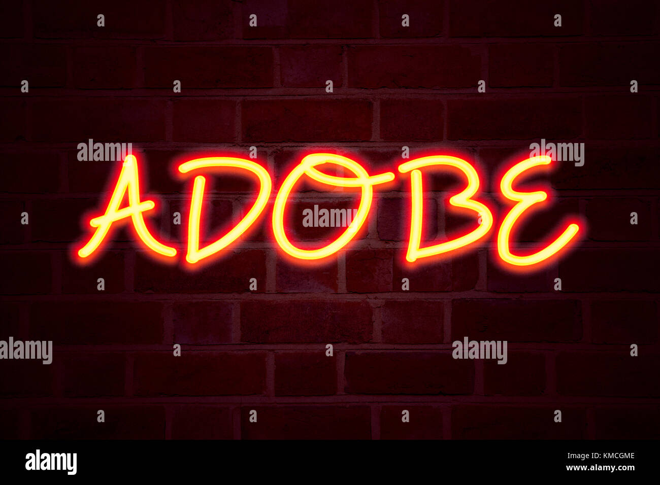 ADOBE neon sign on brick wall background. Fluorescent Neon tube Sign on ...