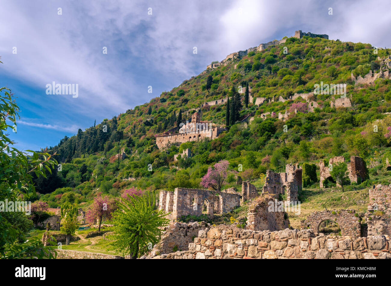 View of ruins of the archaeological medieval town of Mystras,one of the ...