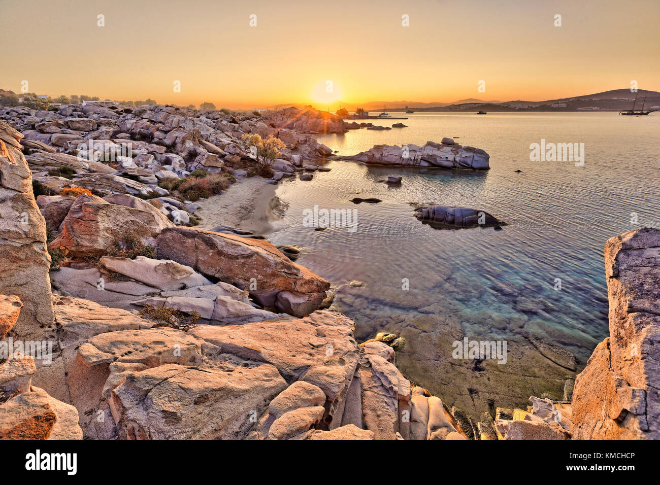 The sunrise in Kolymbithres beach of Paros island, Greece Stock Photo ...