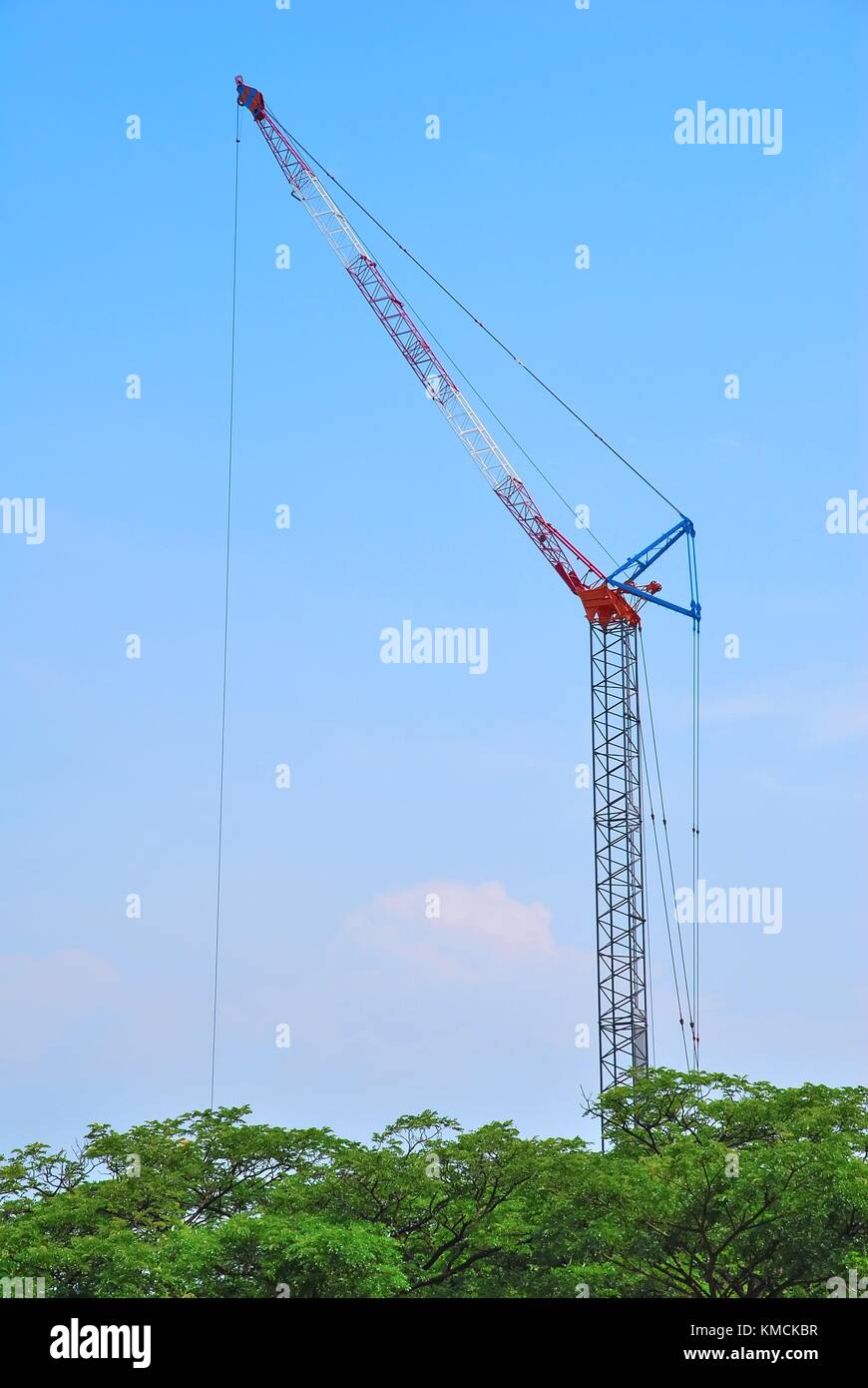Tall construction crane towering above the trees. One of the machinery ...
