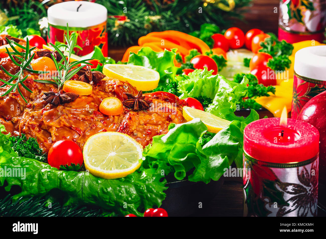 Christmas table dinner time with roasted meats decorated in Christmas ...