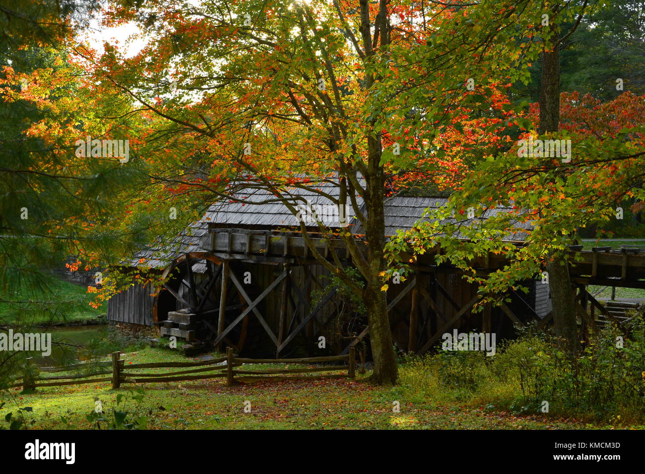 Historic Mabry Mill hidden amongst the colorful trees of Autumn along ...