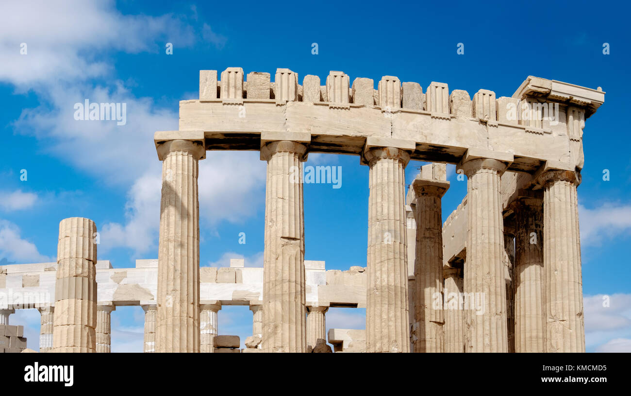 Top part of of the Parthenon with columns connected by a lintel on top ...