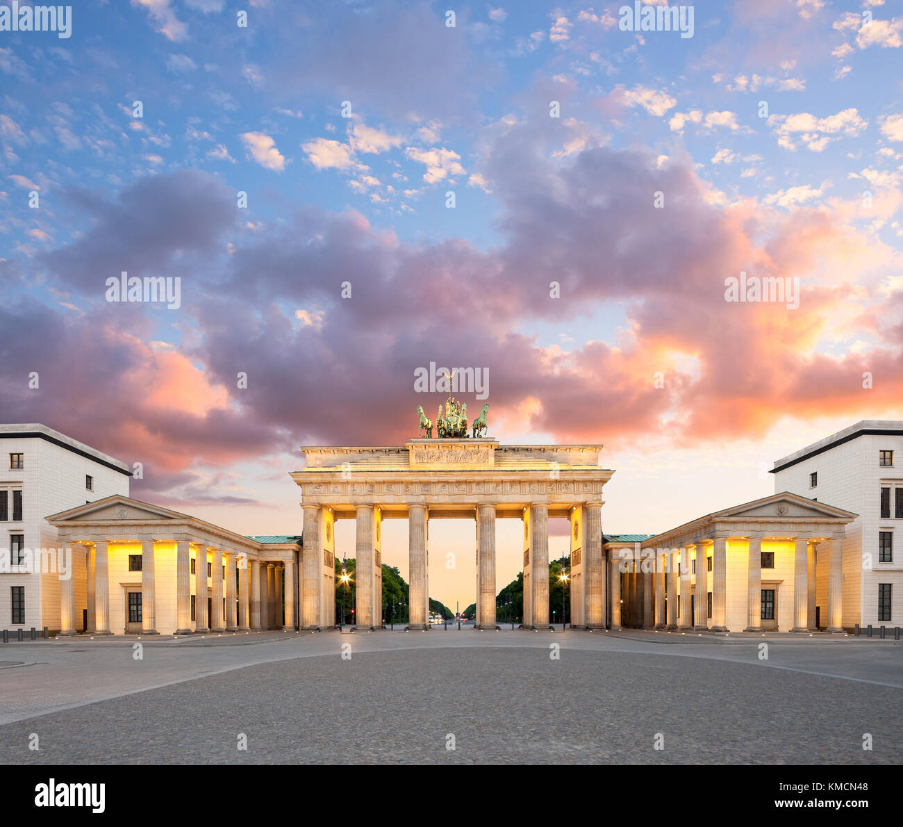 Brandenburg Gate in Berlin, Germany at sunset, focus on the gate itself ...